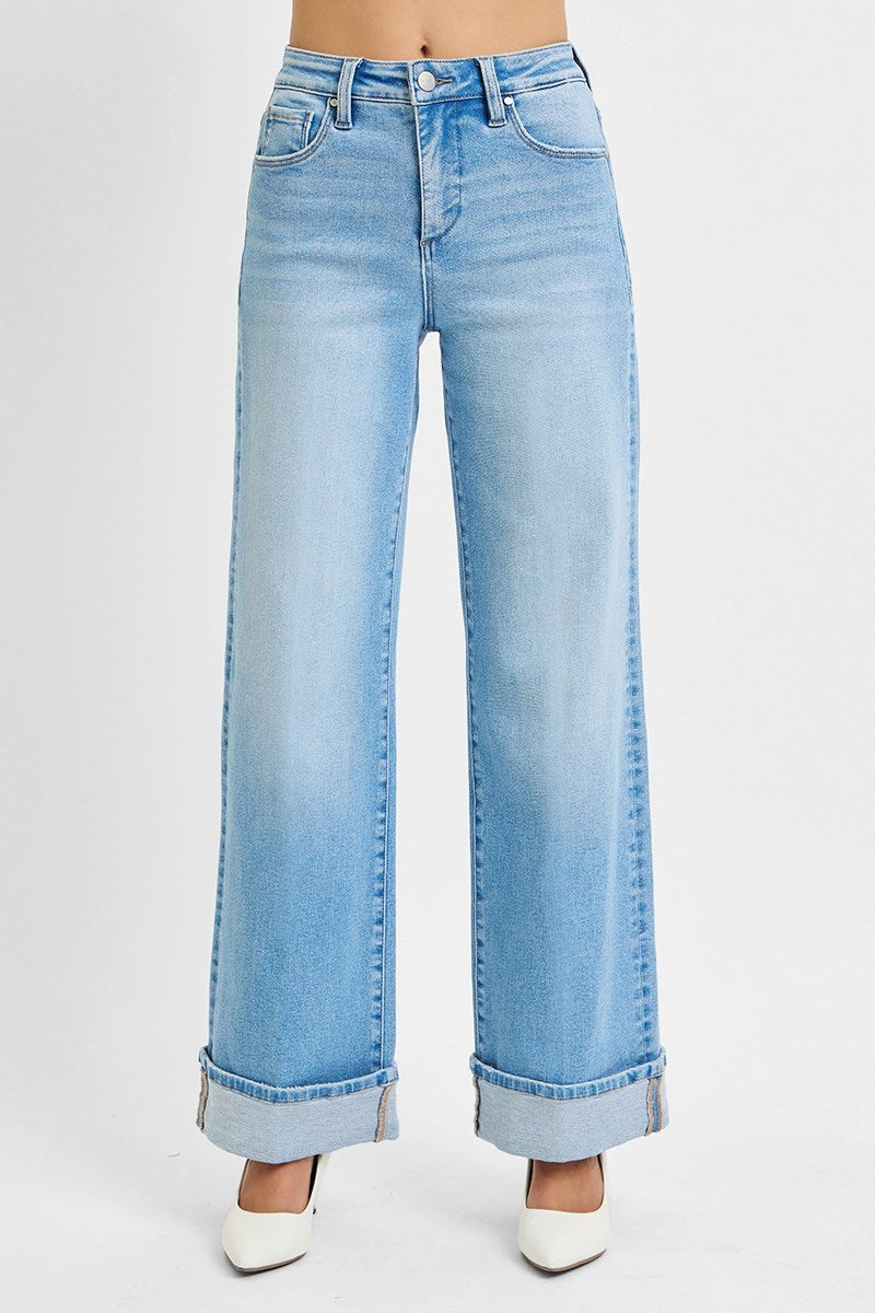 Risen Tummy Control High Rise Long Wide Led Cuffed Jeans